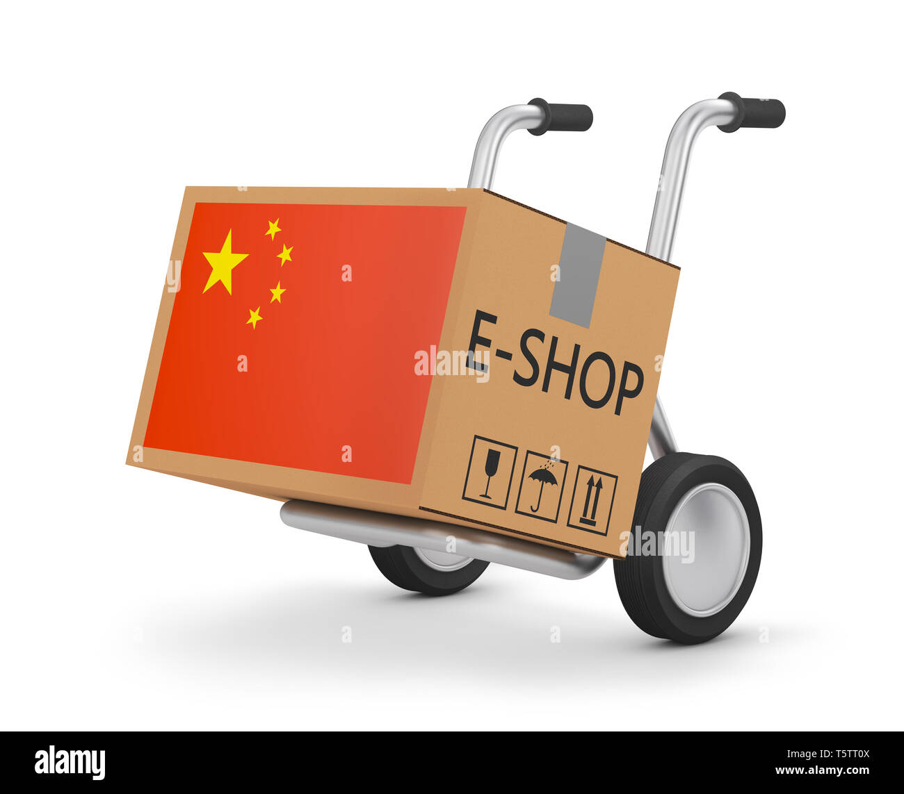 Cardboard box with Chinese flag on a hand cart. 3d render Stock Photo ...