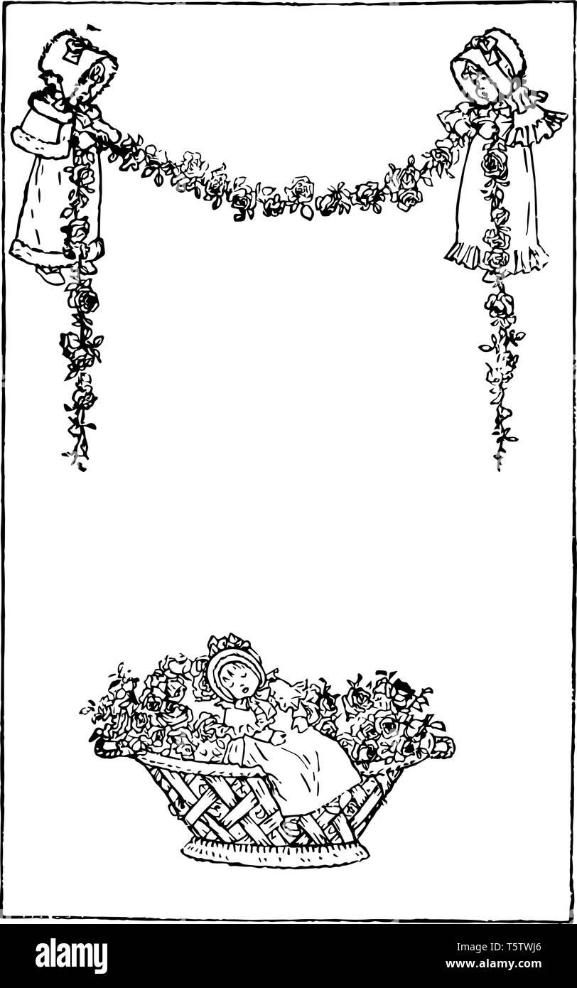 Children and Flowers Border have two girls are holding a long flower ...