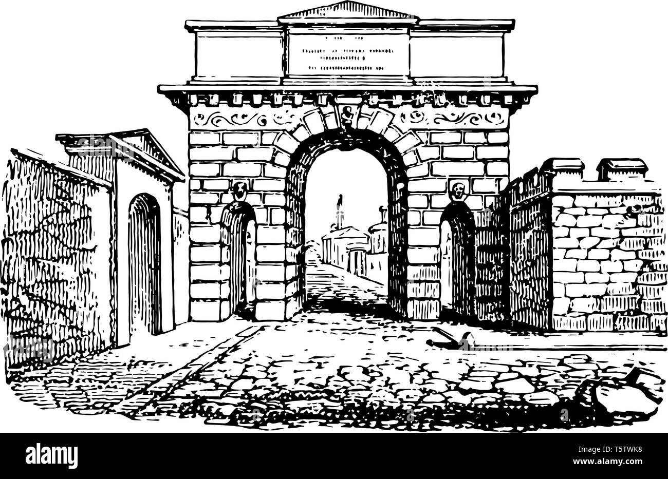 City Gate high rise mixed development vintage line drawing or engraving ...