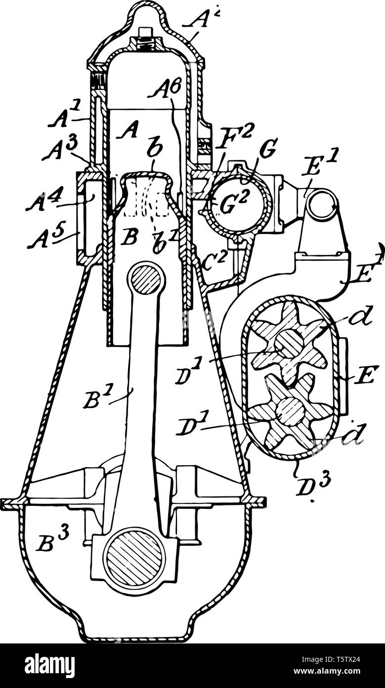 This illustration represents Explosion Engine vintage line drawing or ...