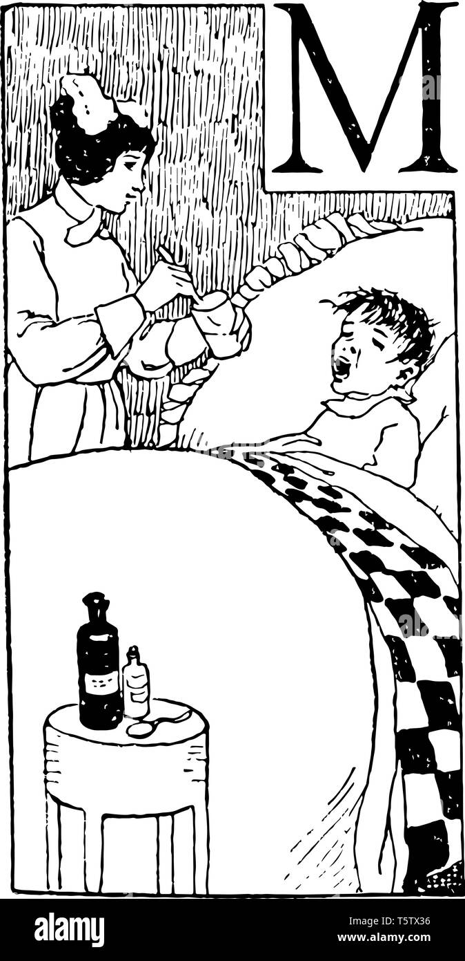 An illustration of a general ward in a hospital where a nurse giving ...