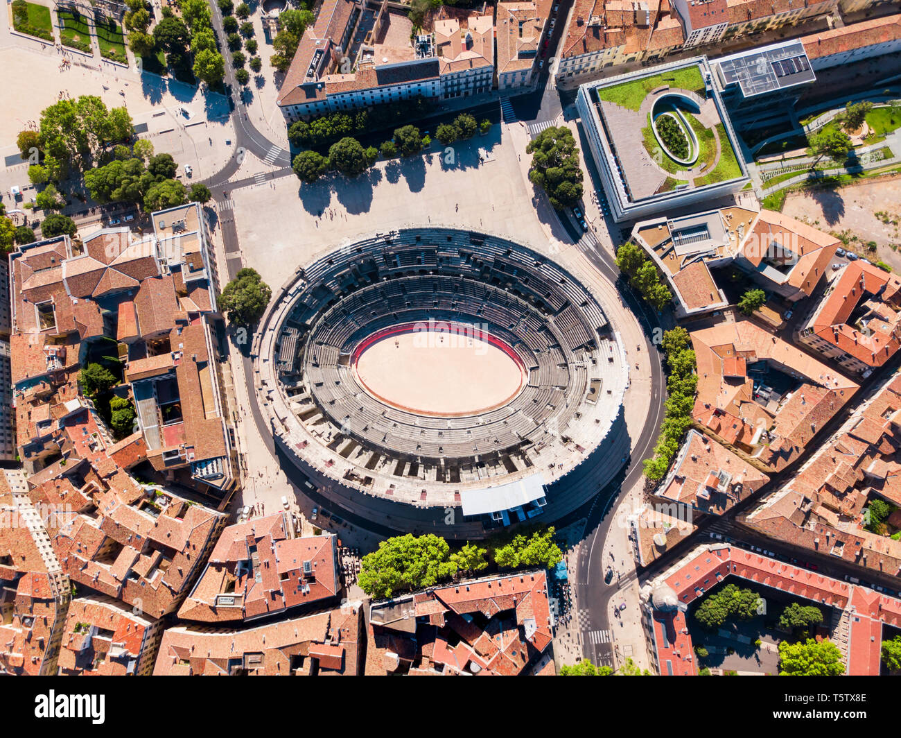 Nimes Arena aerial panoramic view. Nimes is a city in the Occitanie ...
