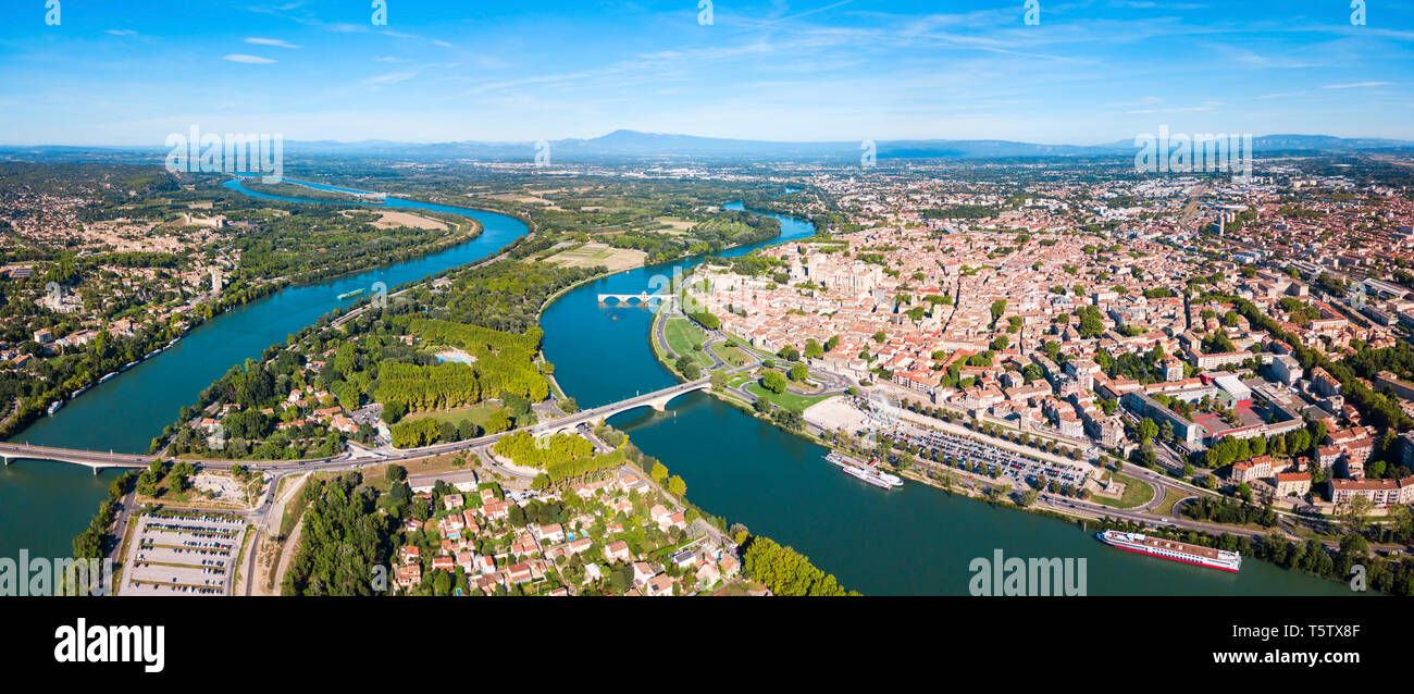Rhone river aerial panoramic view in Avignon. Avignon is a city on the ...