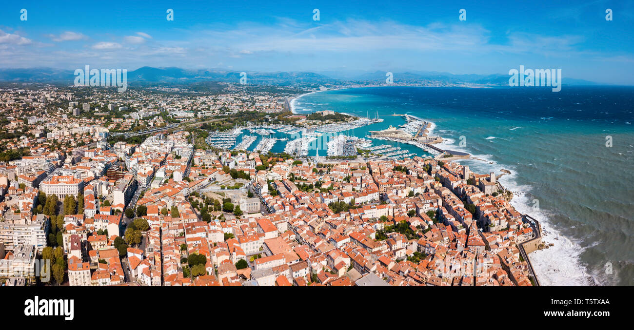 Antibes port aerial panoramic view. Antibes is a city located on the ...