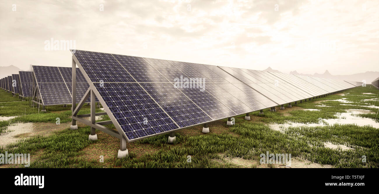 Colorful panoramic landscape: solar power plants. ( 3D rendering ...