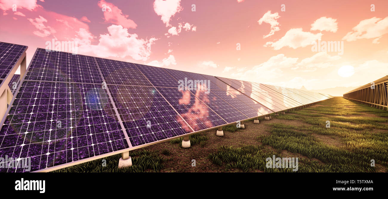 Colorful panoramic landscape: solar power plants. ( 3D rendering ...