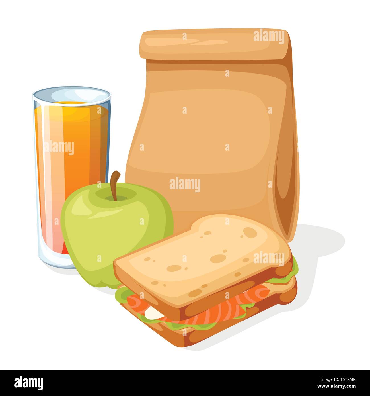 Lunch paper bag with juice, apple and sandwich. Recycle brown paper bag ...