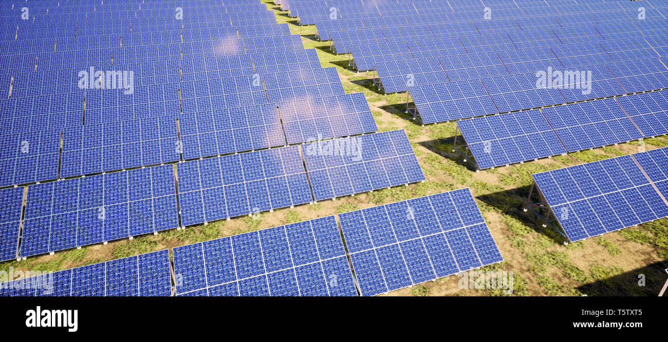 Colorful panoramic aerial view landscape: solar power plants. ( 3D ...