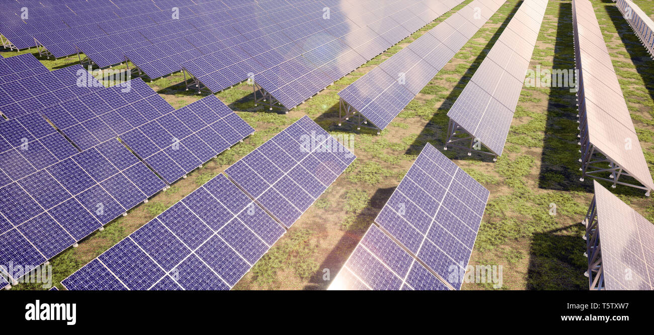 Colorful panoramic aerial view landscape: solar power plants. ( 3D ...