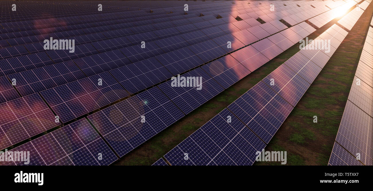 Colorful panoramic aerial view landscape: solar power plants. ( 3D ...