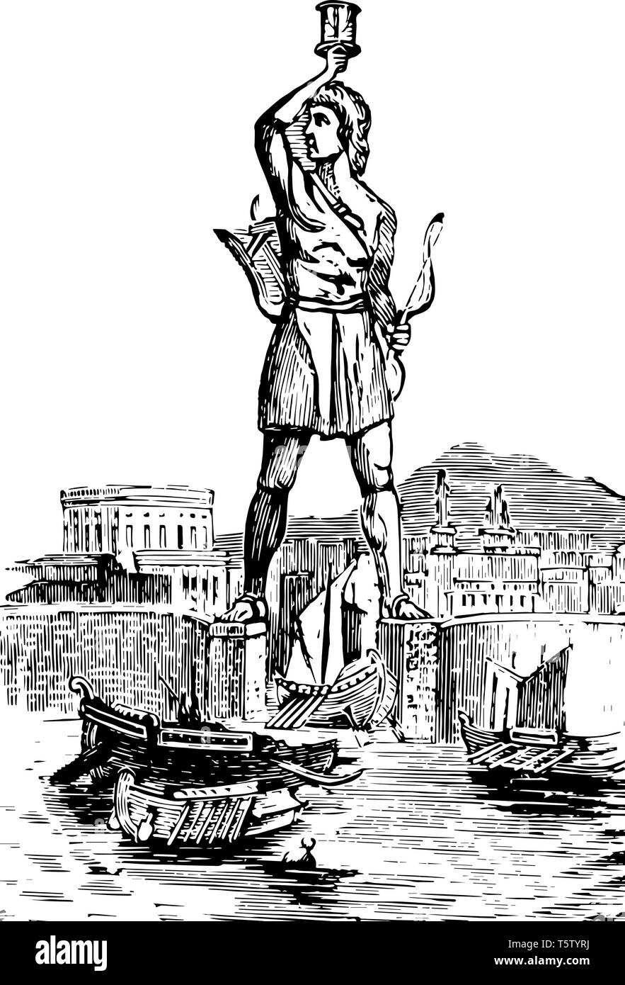 The statue of Colossus at Rhodes, vintage line drawing or engraving ...