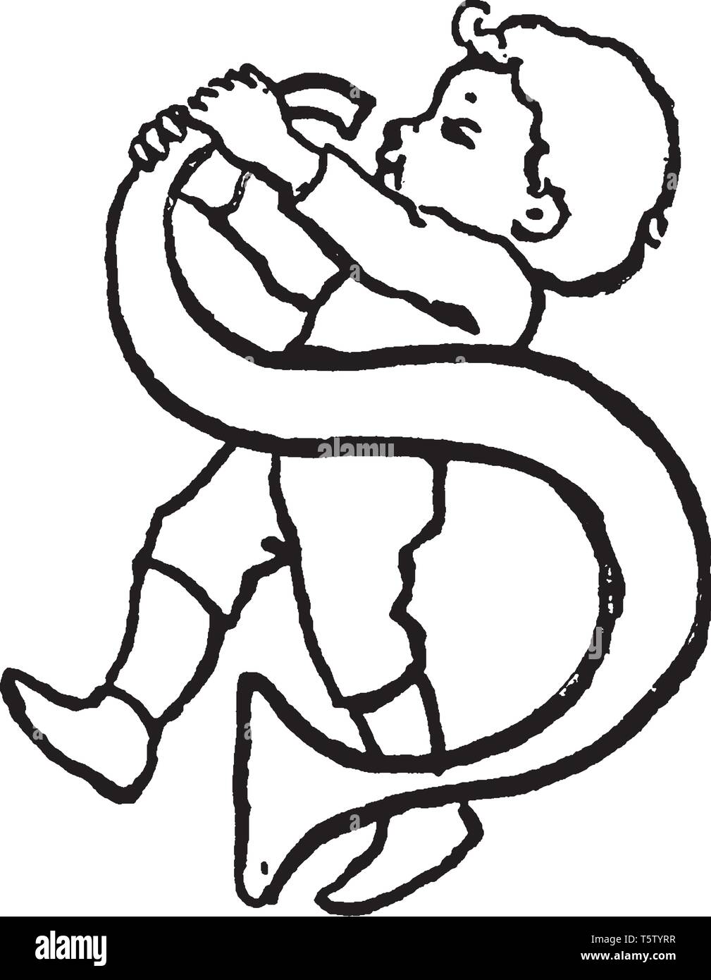 A letter S with baby, vintage line drawing or engraving illustration ...