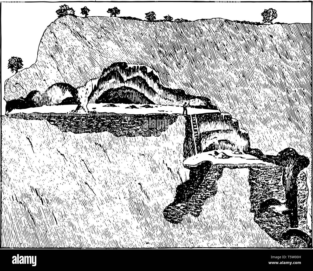 A cave below the mountain and a path to approach the cave, vintage line ...