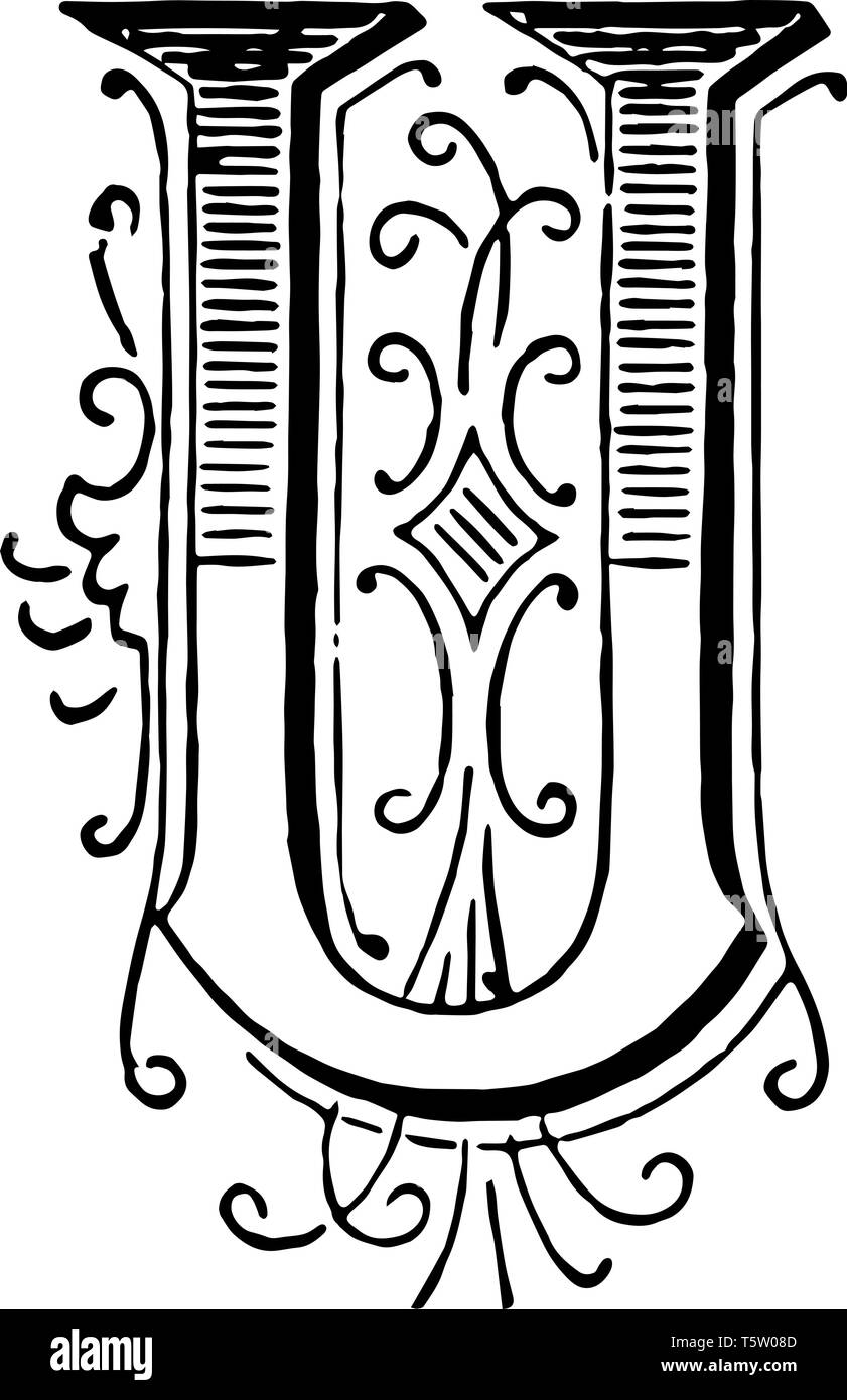 This image represents Ornate initial of U, vintage line drawing or ...