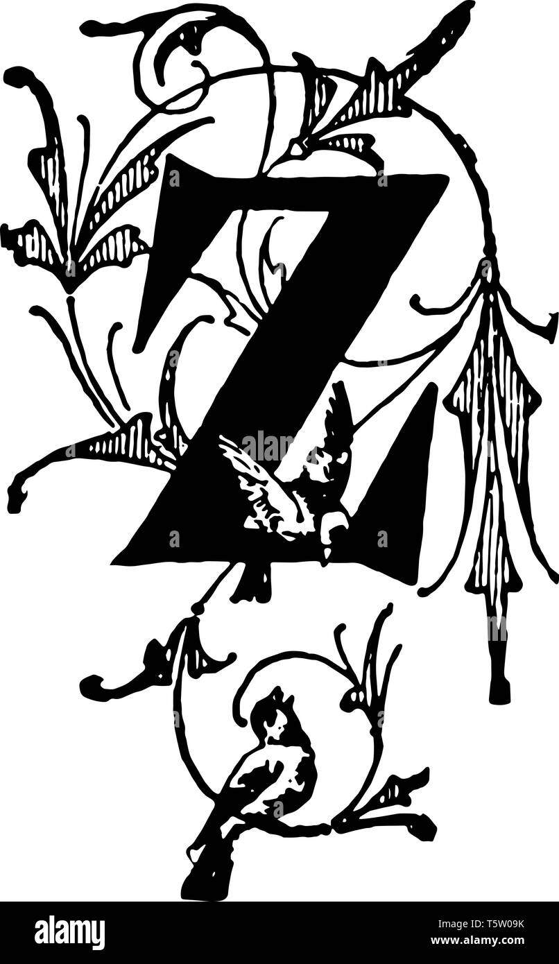 This illustration represents Floral initial of Z, vintage line drawing ...