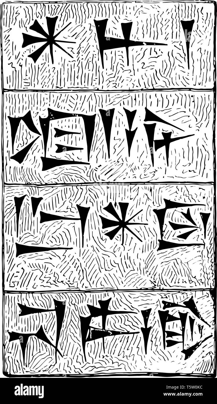 A script written in wedge-shaped marks, vintage line drawing or ...