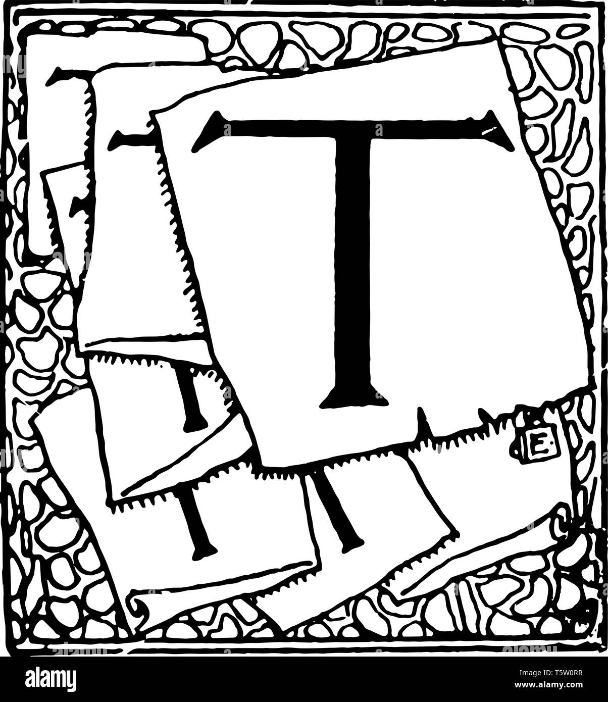 An illustration of capital letter T with pieces of parchment in the ...