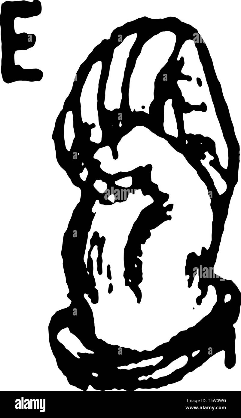 This image represents one handed Sign for E, vintage line drawing or ...