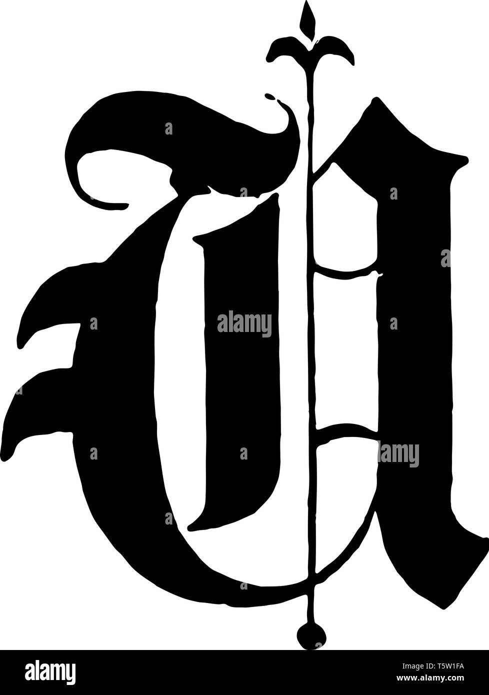 This image represents Old English fancy text of U, vintage line drawing ...