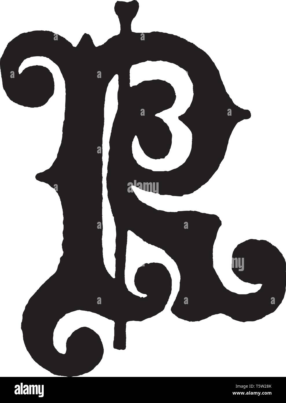 A letter R in medieval lettering, vintage line drawing or engraving ...