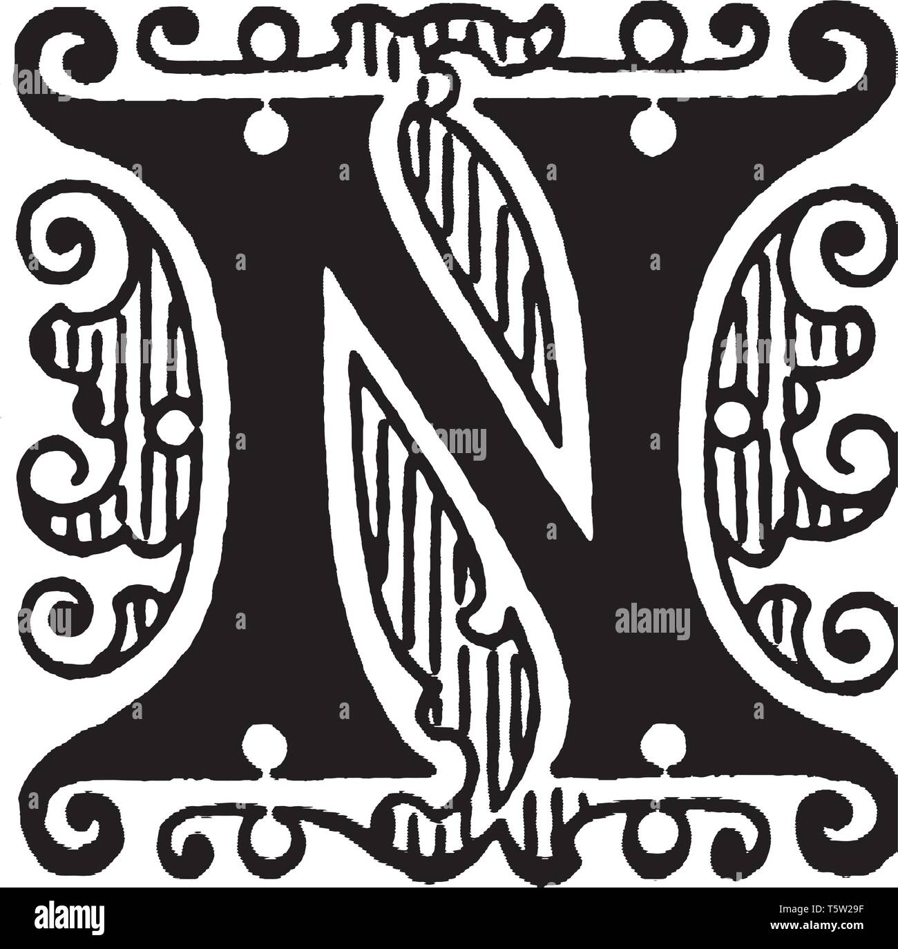 An ornamental and decorative letter N, vintage line drawing or ...