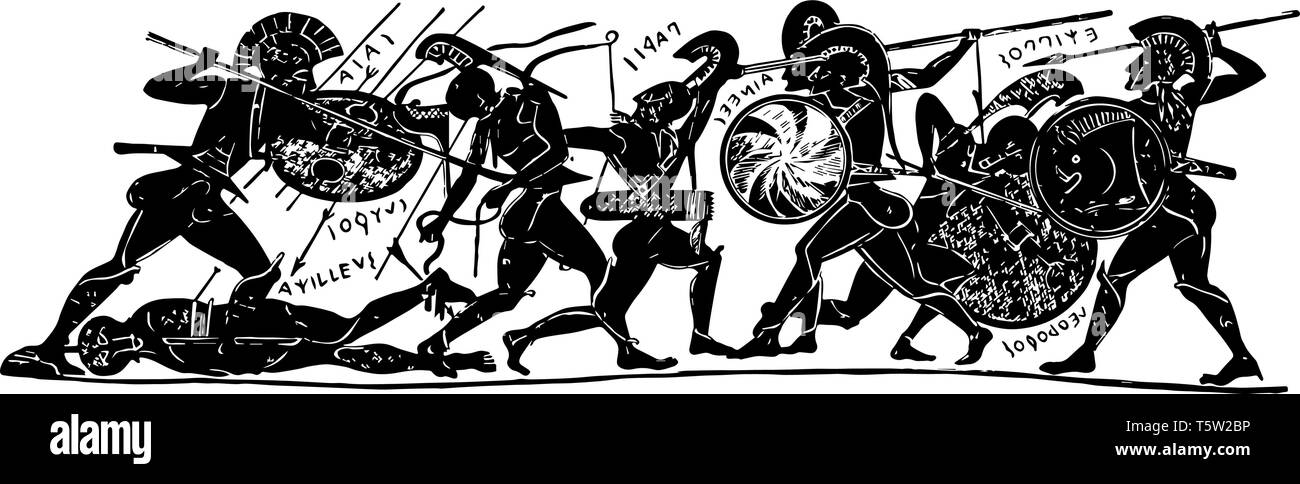 A scene of Greek soldiers in a battle, vintage line drawing or ...