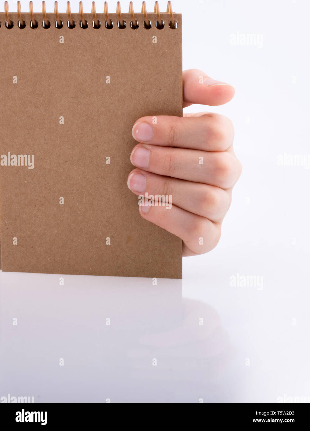 Hand holding brown color notebook on a white background Stock Photo - Alamy