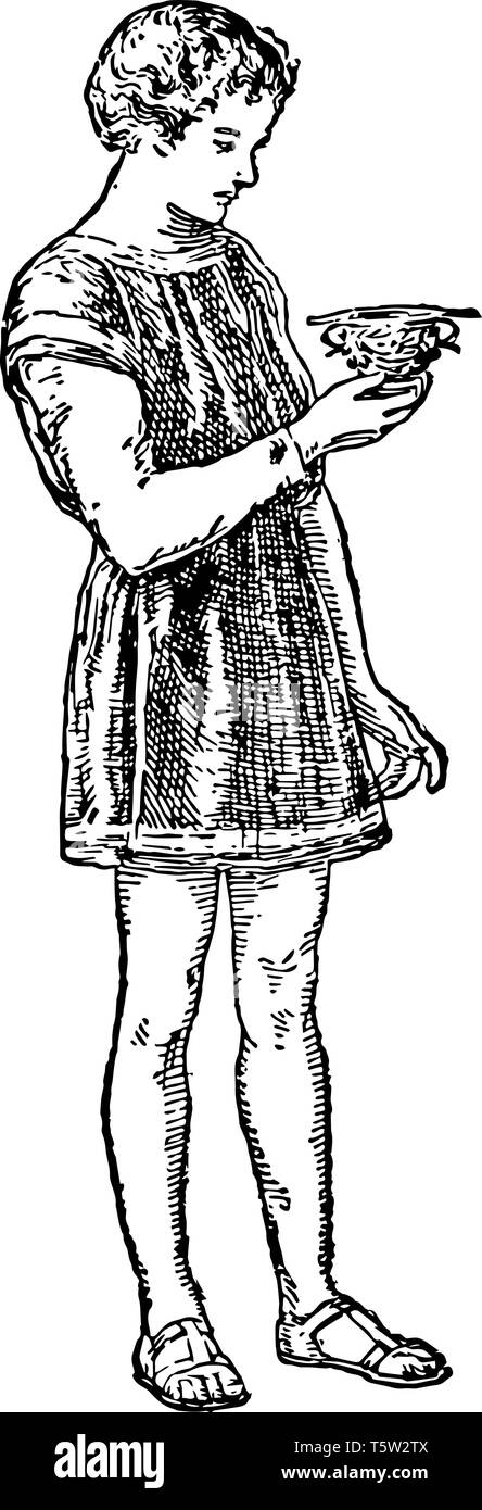 This is the image of the Roman child. Boy is standing with the bowl in ...