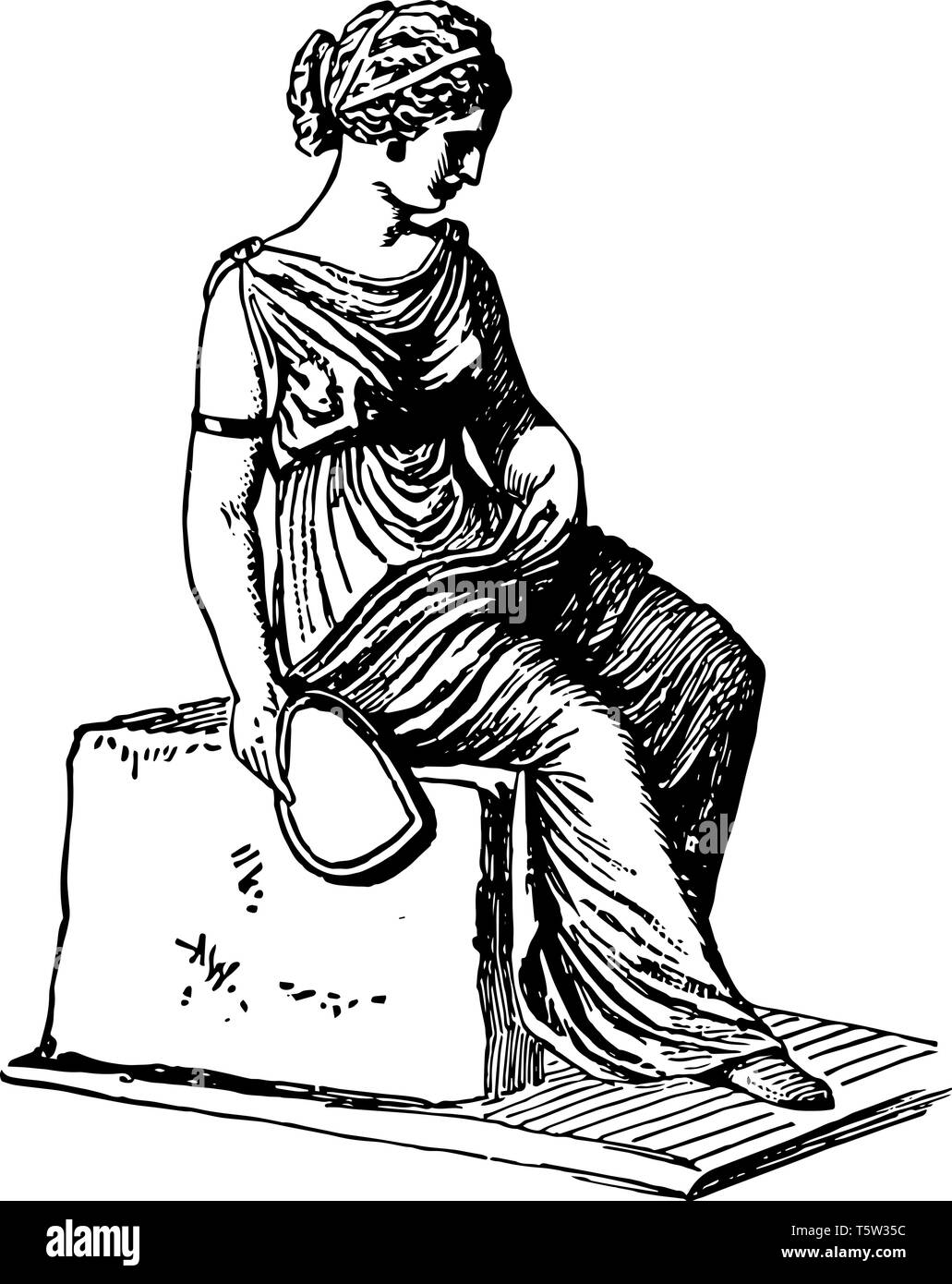 A Greek woman seated wearing a Chiton, vintage line drawing or ...