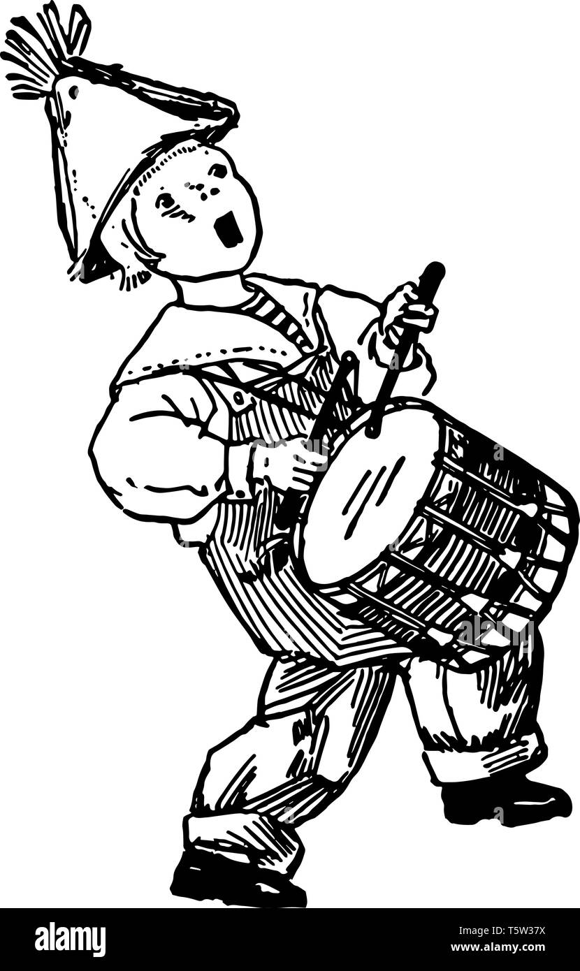 Boy Playing Drum where a little boy playing a drum, vintage line ...