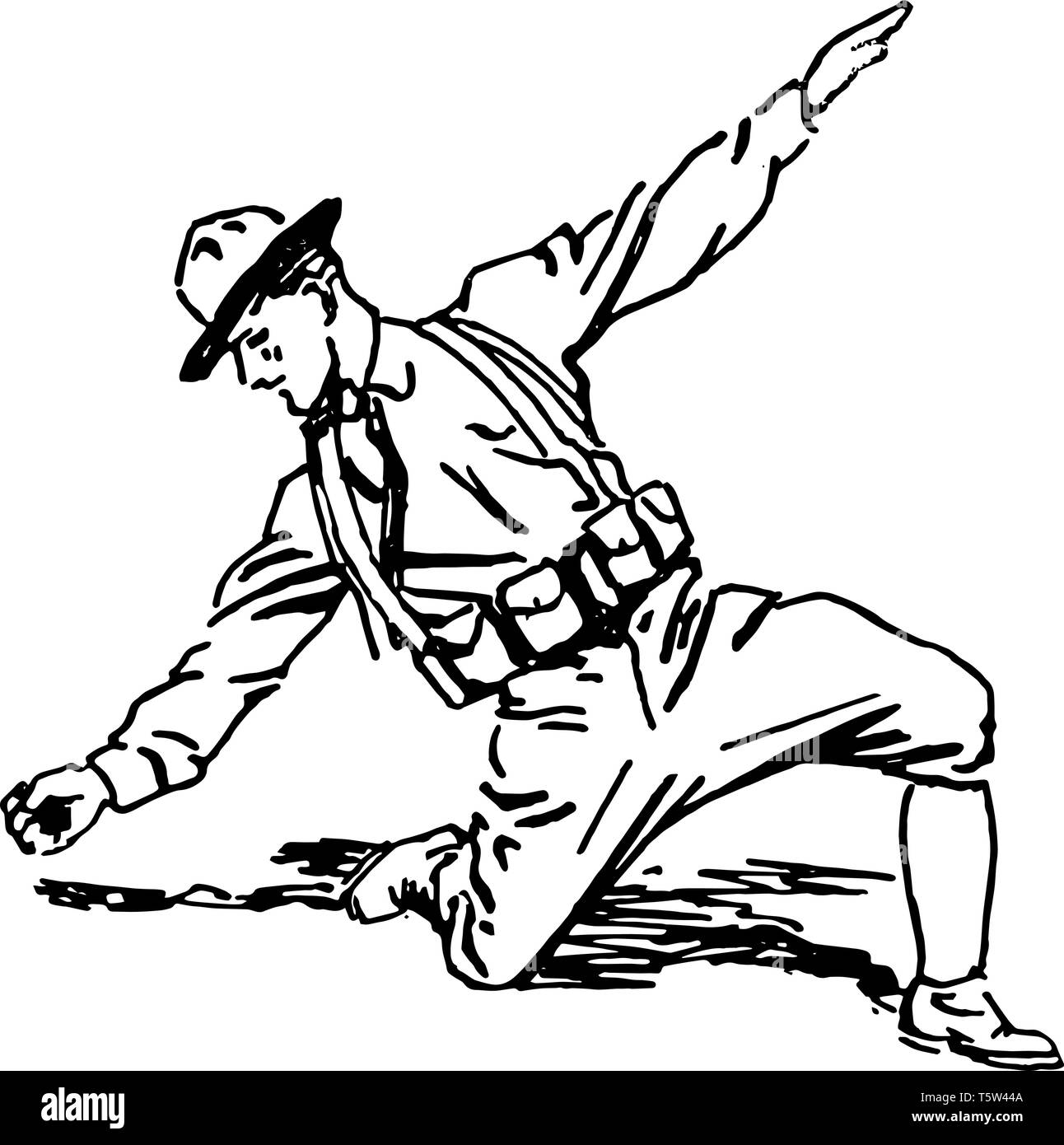 A soldier lying in the prone position throwing a grenade, vintage line ...