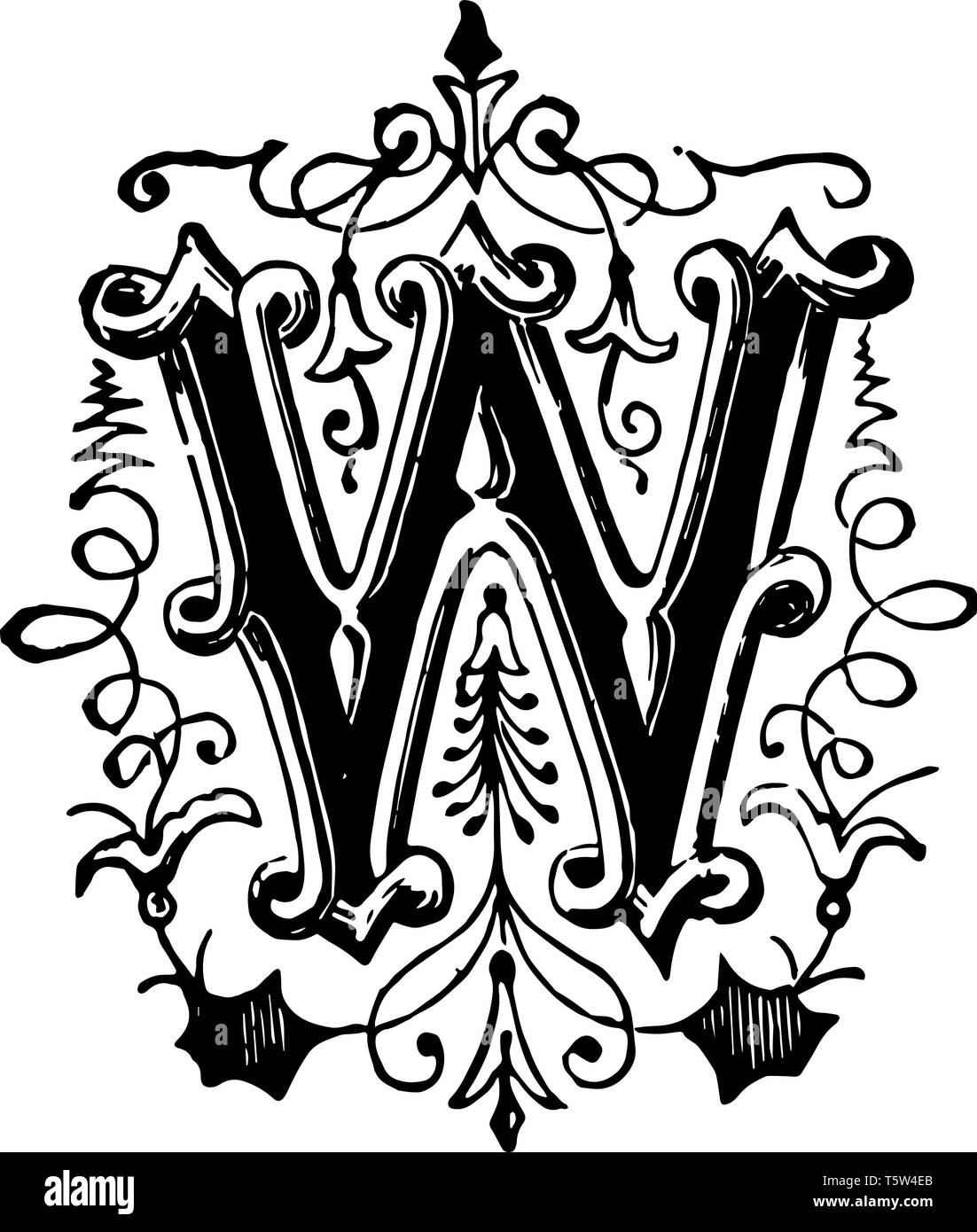 This illustration represents Ornamental letter of W, vintage line ...