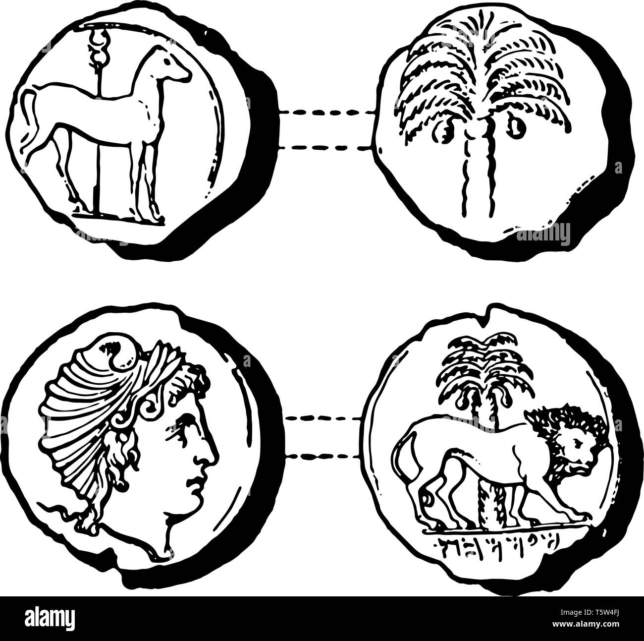 Front and back of two coins, vintage line drawing or engraving ...