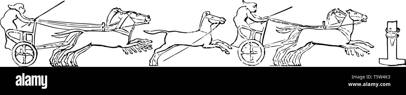 A scene during a chariot-race, vintage line drawing or engraving ...