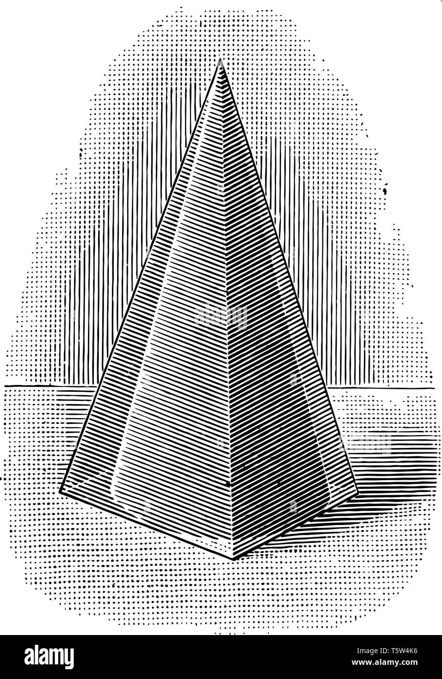 Image of a pyramid that is linked to a cone, vintage line drawing or ...