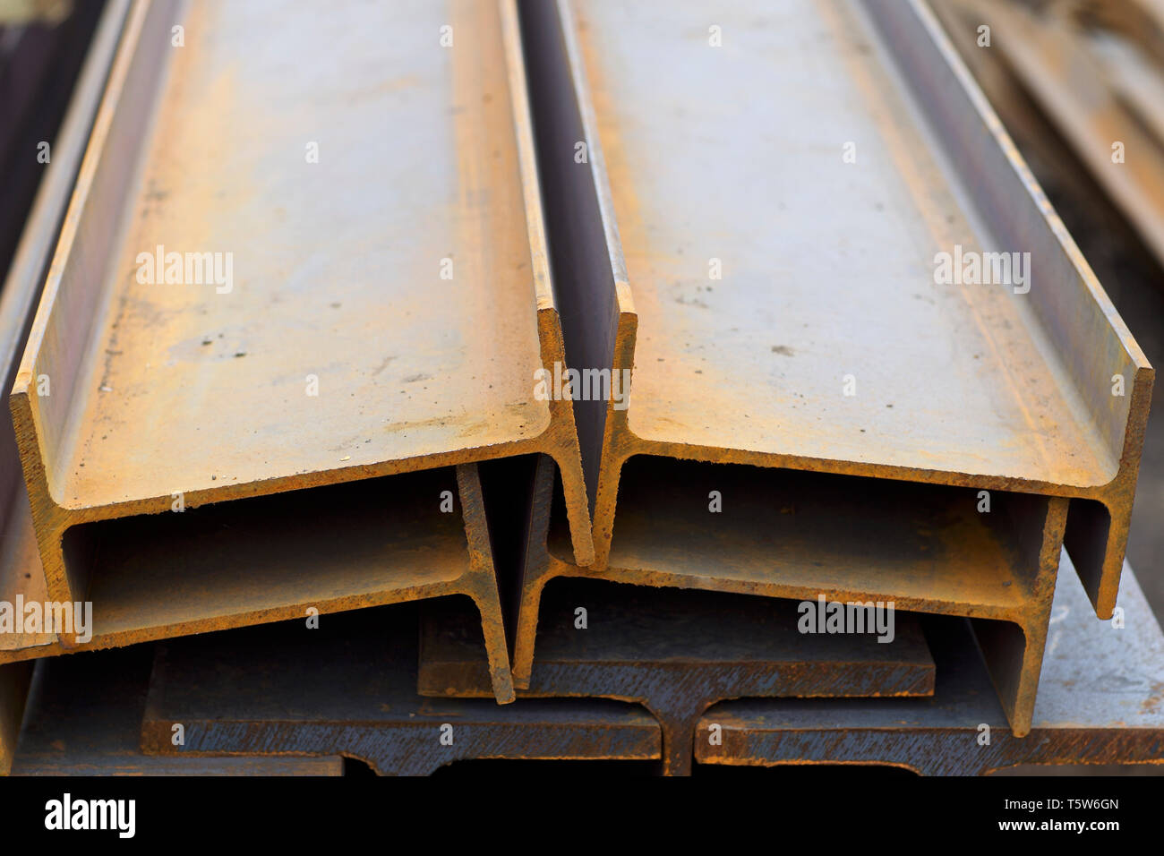 Metal profile beam in packs at the warehouse of metal products, Russia ...