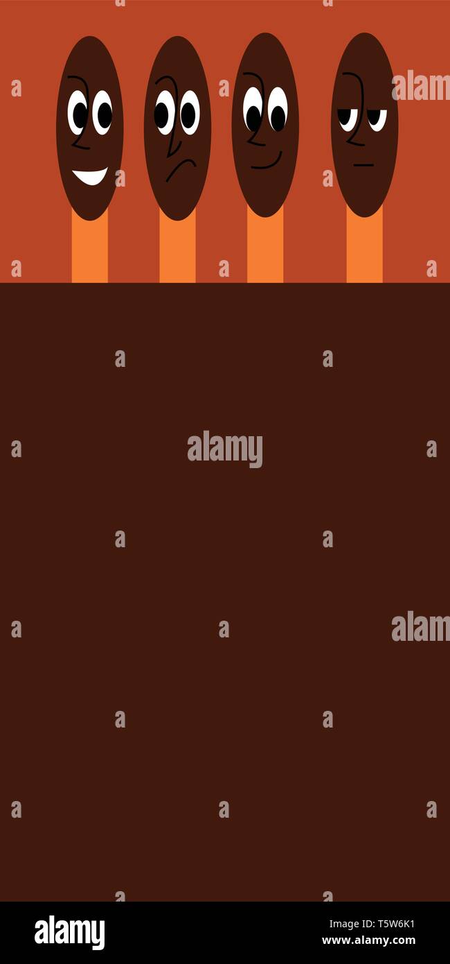 A cartoon of a 4 brown matches with 4 different face expressions ...