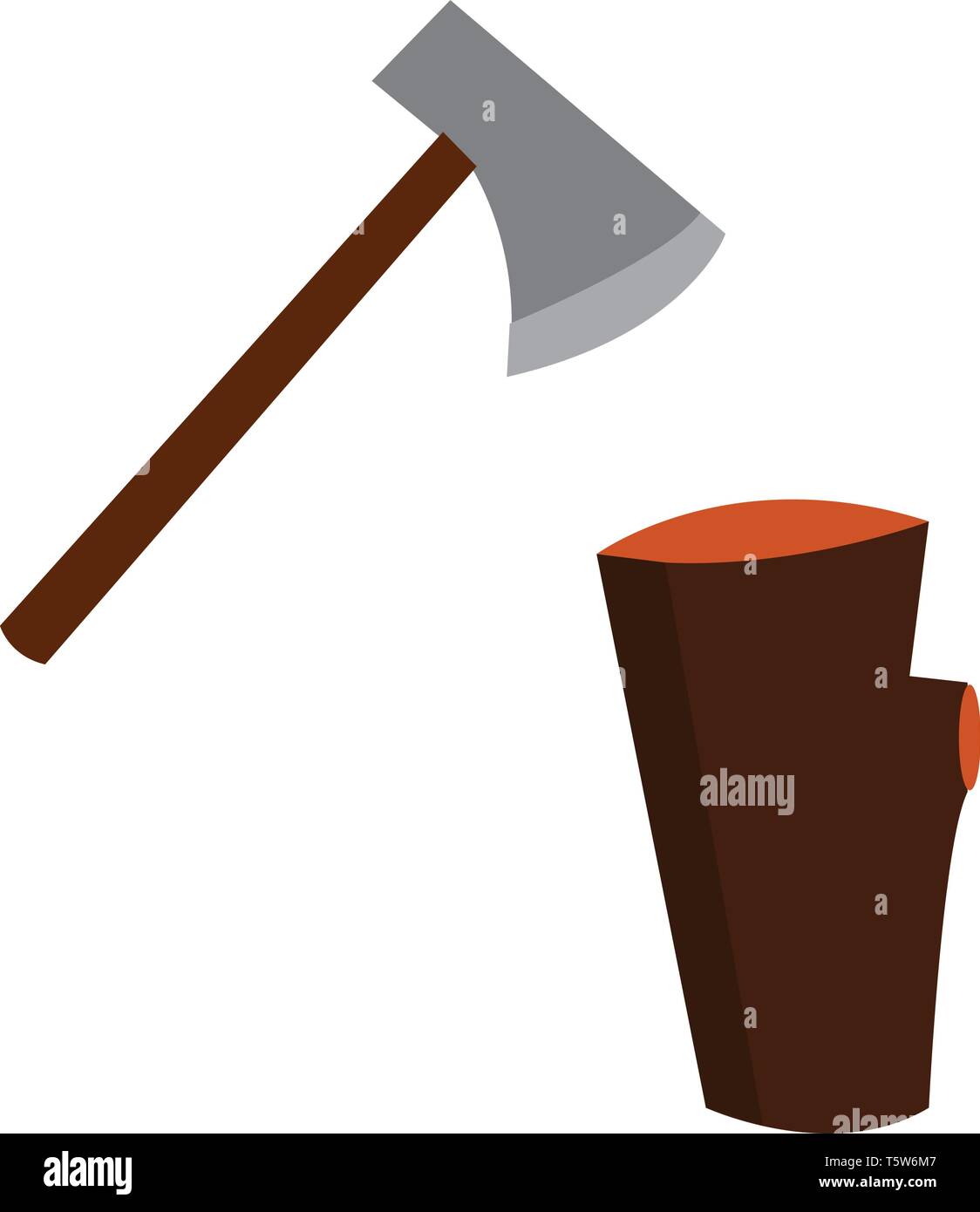 A gray colored axe with a brown handle and a cut of a tree trunk ...