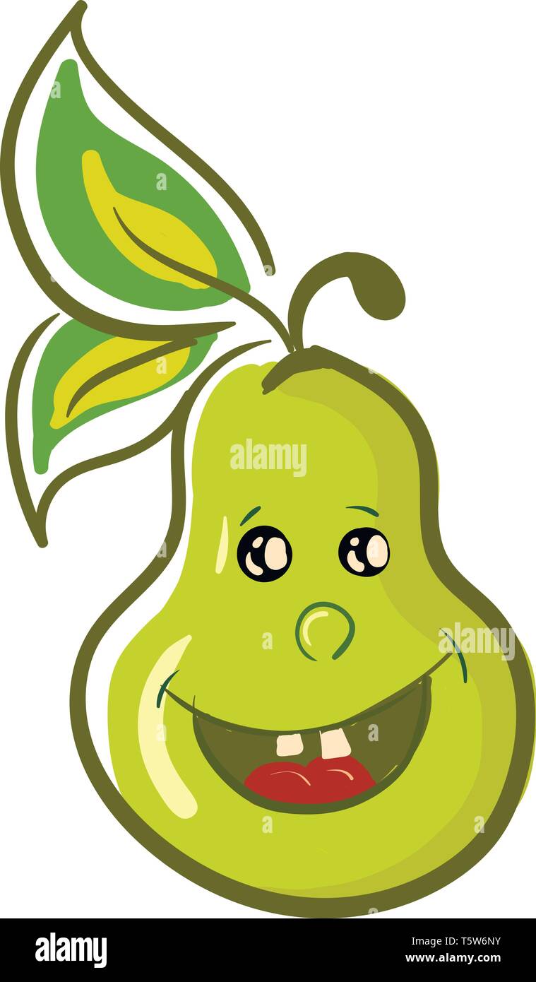 A happy green pear with sparkling eyes, two teeth, red tongue, vector ...