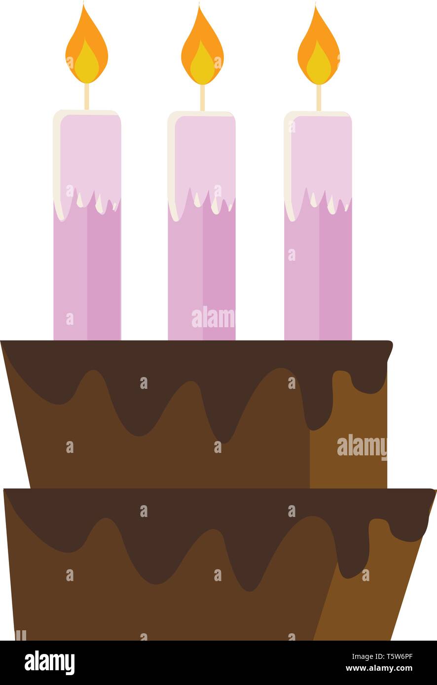 A chocolate cake with 3 lighted pink candles, vector, color drawing or ...