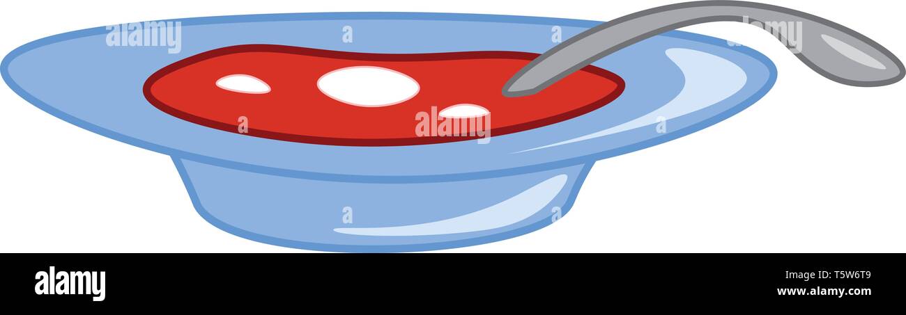 A borscht in a blue plate with a silver gray spoon, vector, color ...