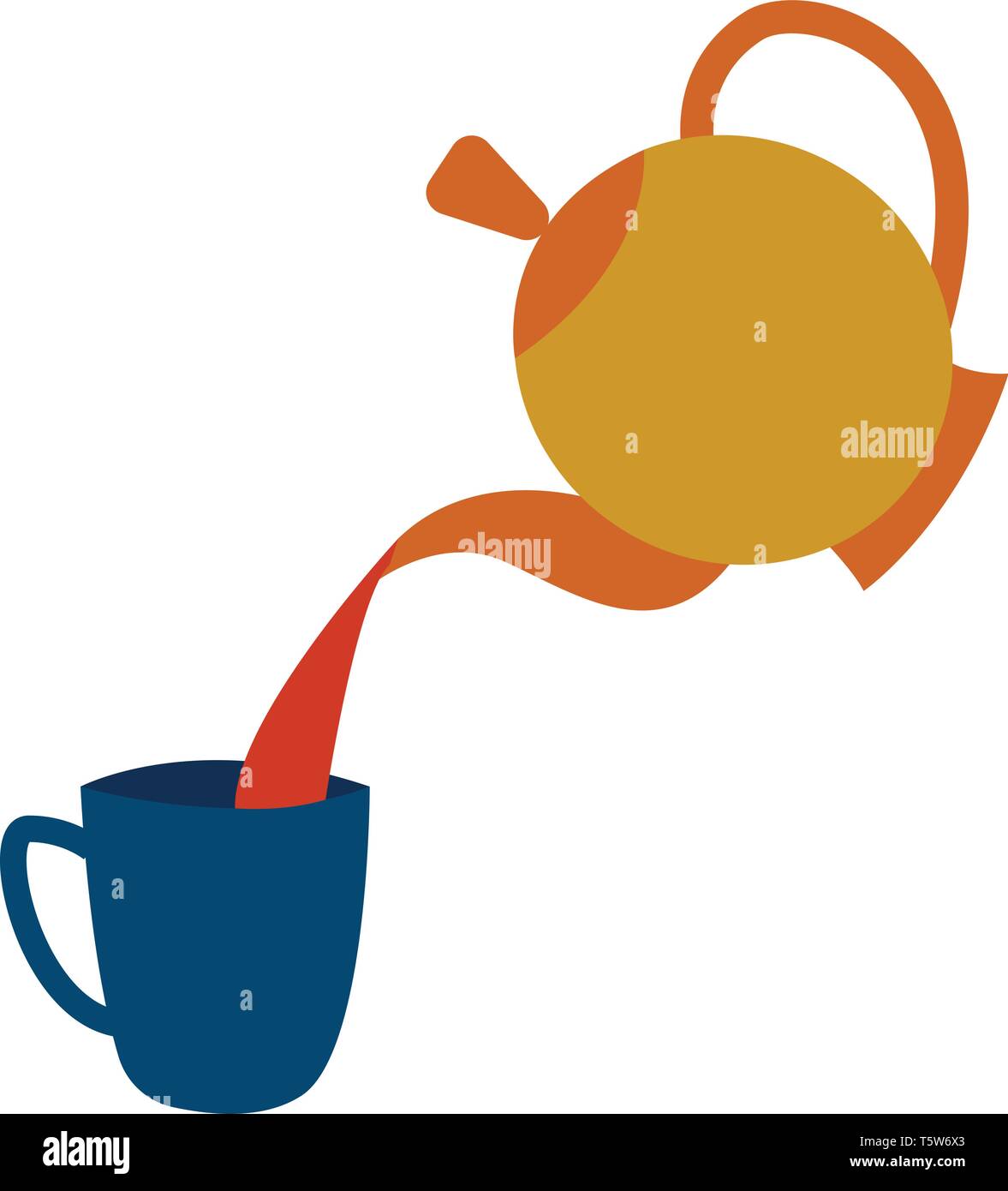A drawing of tea poured into a blue cup from a yellow and orange teapot ...