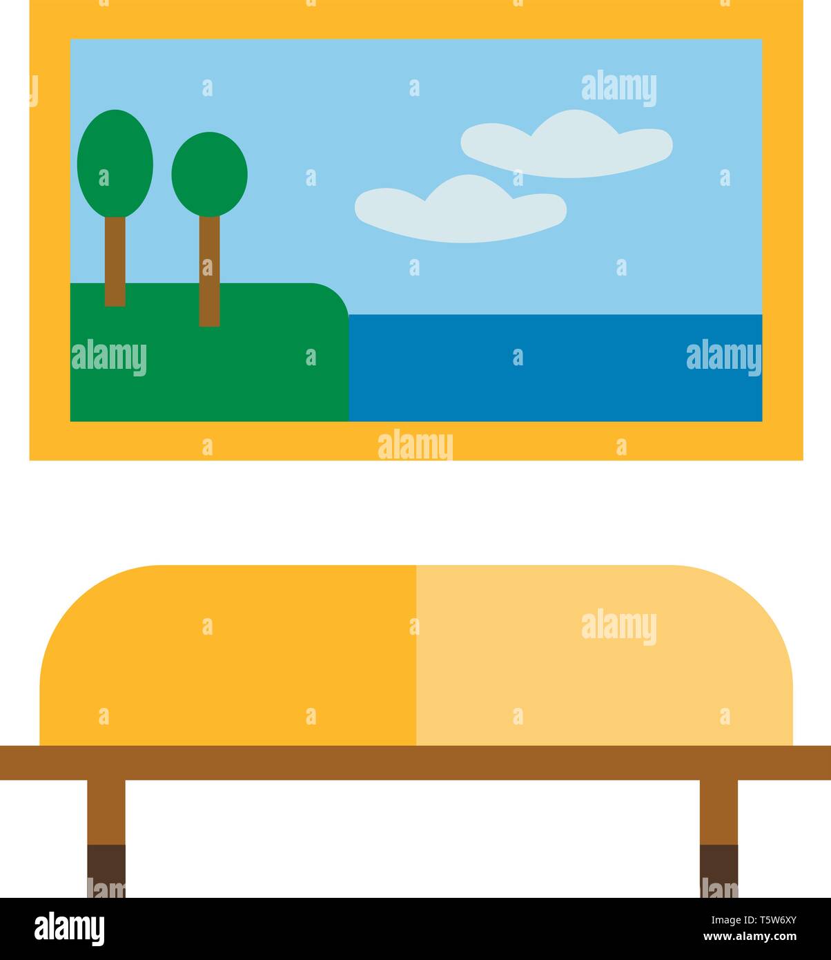 A large framed picture of a landscape scenery hung on the wall of the ...