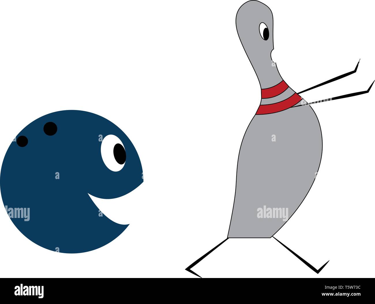 A blue bowling ball with its mouth open chasing a grey bowling pin with ...