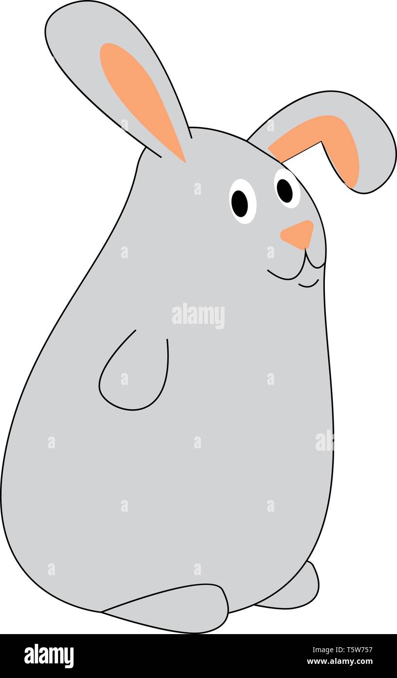 A fat grey bunny with pink ears and pink nose standing upright and ...