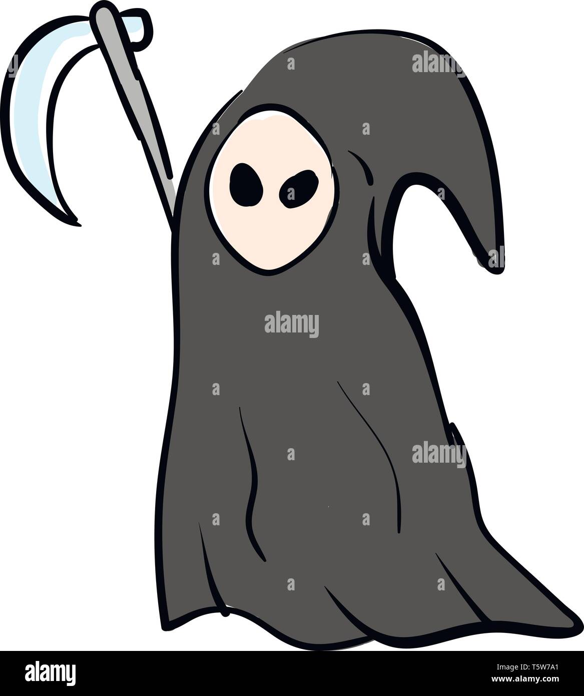 A grim reaper with black eyes dressed in black and holding a weapon the ...