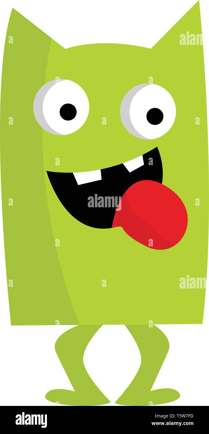 A happy square green monster with horns two legs and big eyes vector ...