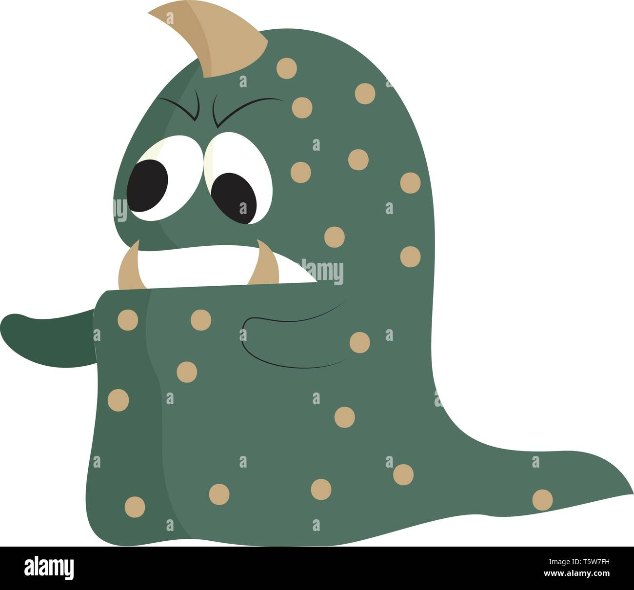 A dark green angry monster with brown polka dots one horn and sharp ...