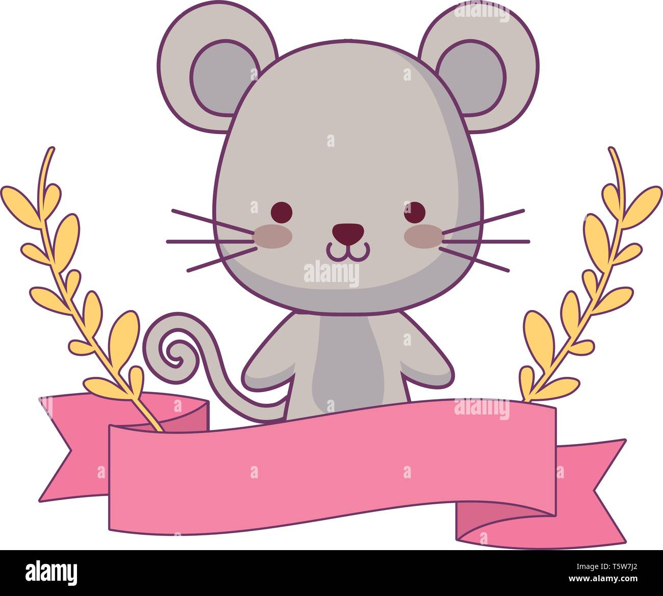 cute mouse animal with ribbon and branches of leafs vector illustration ...