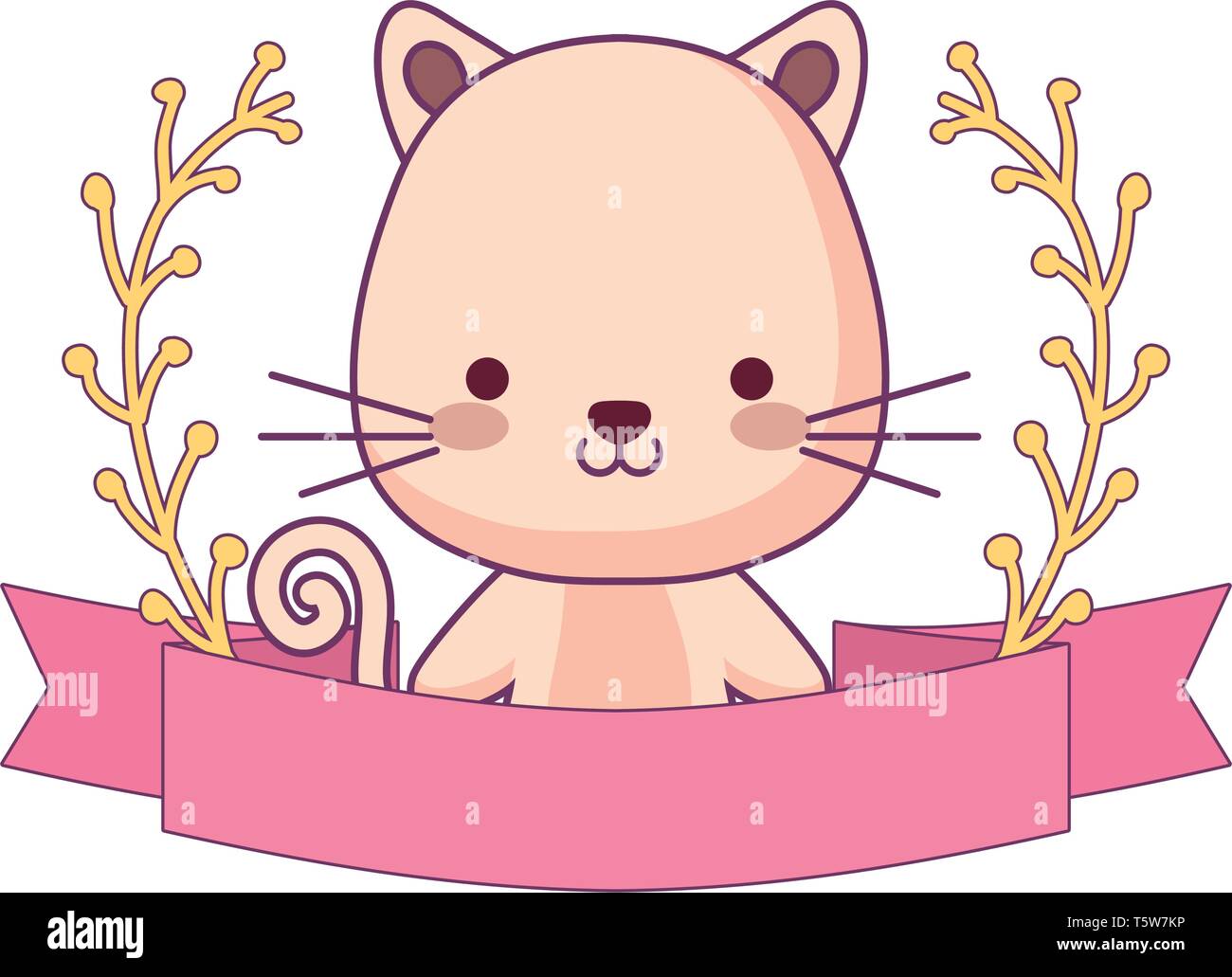 cute cat animal with ribbon and branches of leafs vector illustration ...